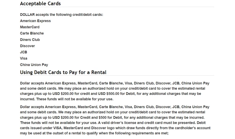 Dollar Rent A Car debit card support? — Knoji