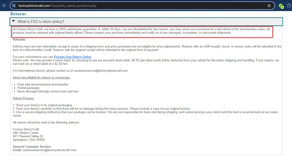 Does Factory Direct Craft offer free returns? What's their exchange ...
