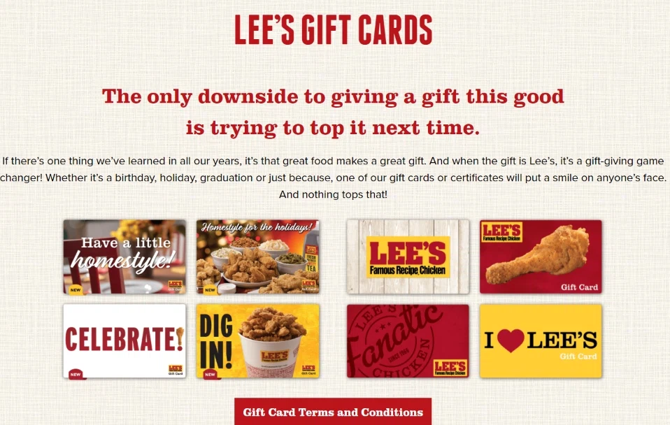 Does Lee's Famous Recipe Chicken accept gift cards or e-gift cards? — Knoji