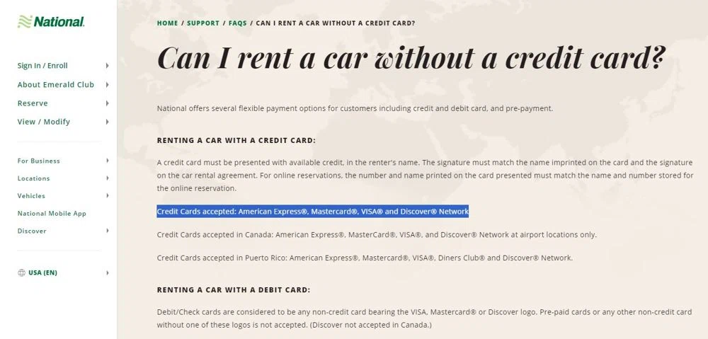 National Car Rental debit card support? — Knoji
