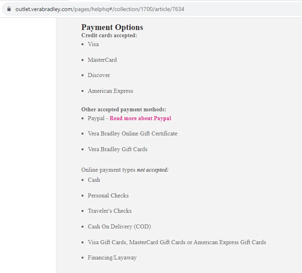 Does Vera Bradley Outlet accept gift cards or e-gift cards? — Knoji