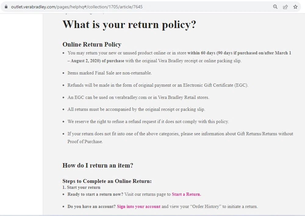 What is Vera Bradley Outlet's returns and exchanges policy? — Knoji